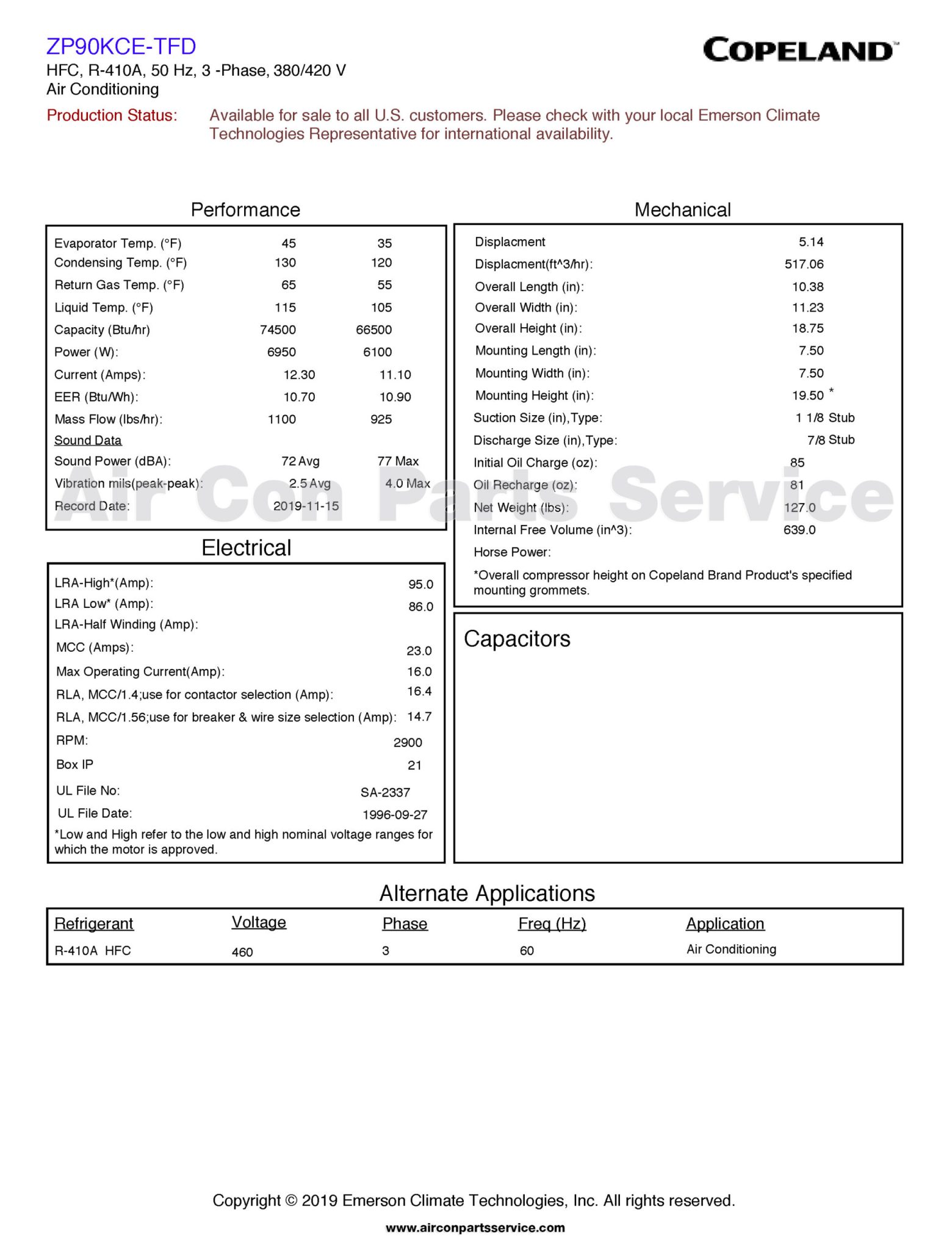 Copeland Scroll Compressor Capacity 6 Ton Model ZP90KCE-TFD-522 R410A ...