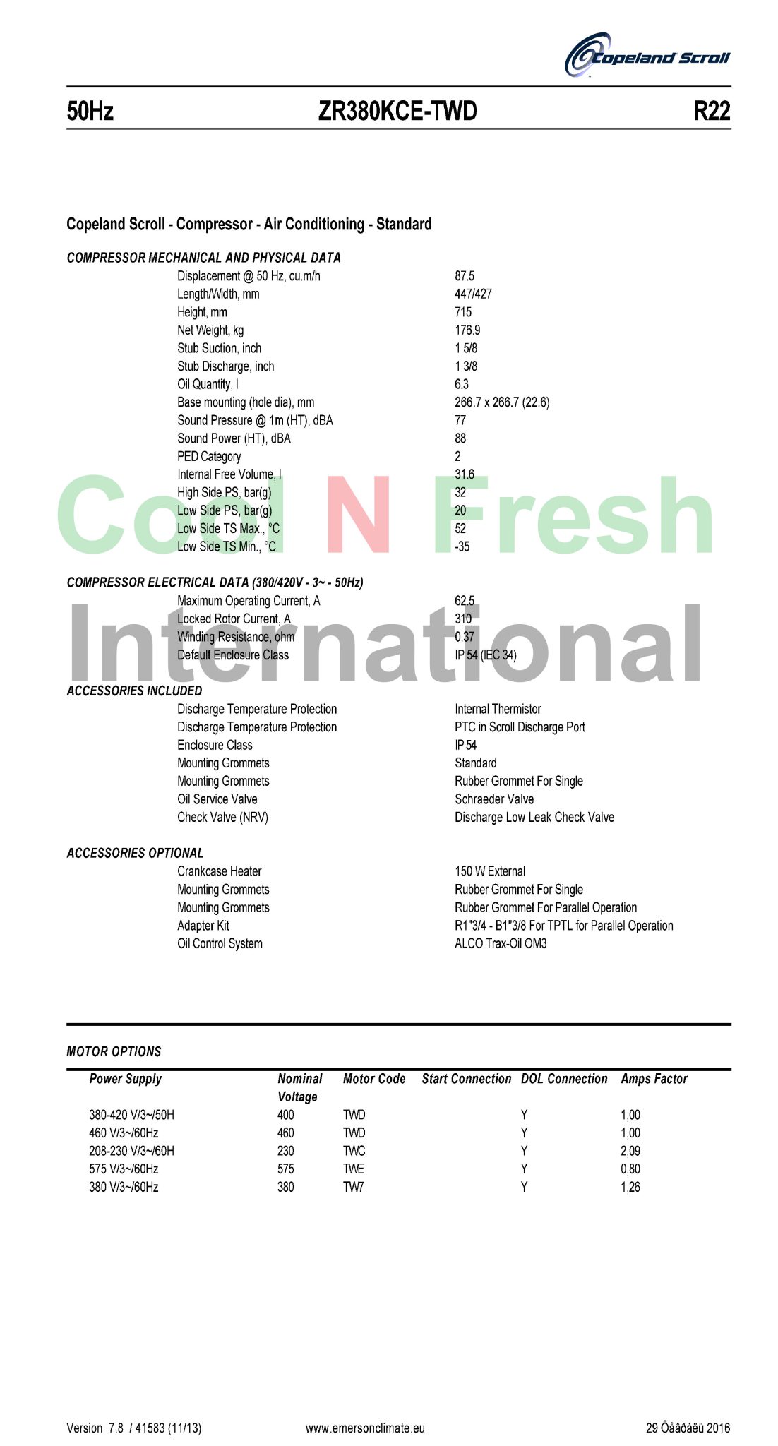 Copeland Scroll Compressor Capacity 25 Ton Model ZR380KCE-TWD-523 Multi ...